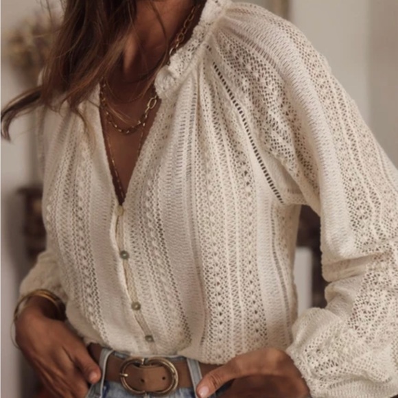 Shop Fig | Tops | New Bohemian Cream Lace Long Sleeve Vneck Button ...